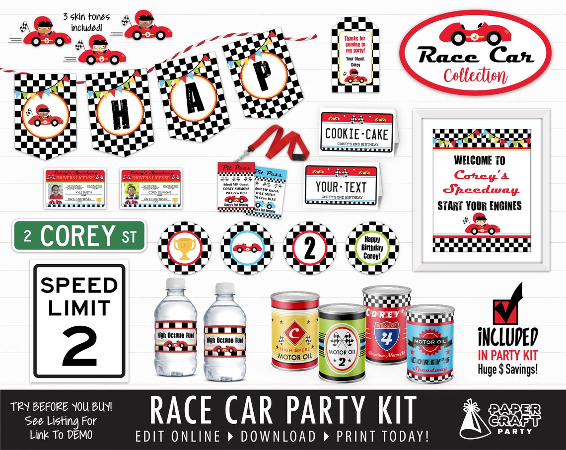 Race Car Printable Birthday Party Kit, Retro Vintage Race Car Party ...