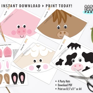 Farm Animal Party Hats, Printable Party Hats, Cow, Horse, Pig, Sheep ...