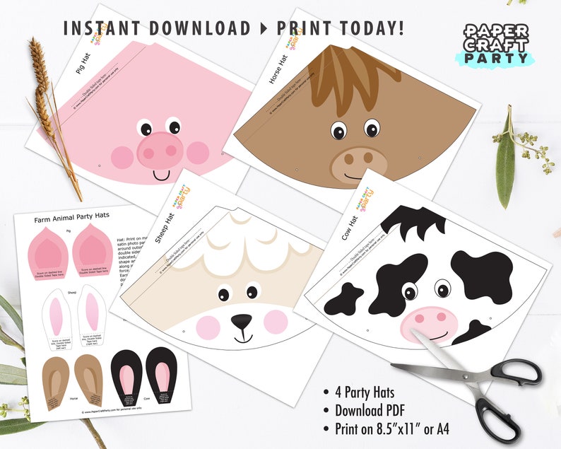 Farm Animal Party Hats, Printable Party Hats, Cow, Horse, Pig, Sheep ...