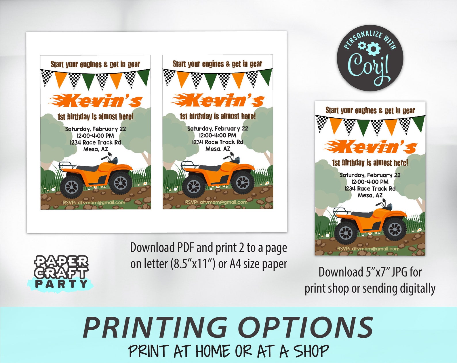 ATV Printable Invitation Quad 4-wheeler Thank You Note & - Etsy