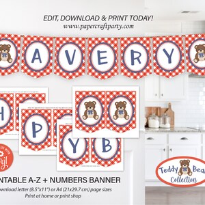 Teddy Bear Picnic Banner, Printable Party Birthday Banner in Red & Blue ...