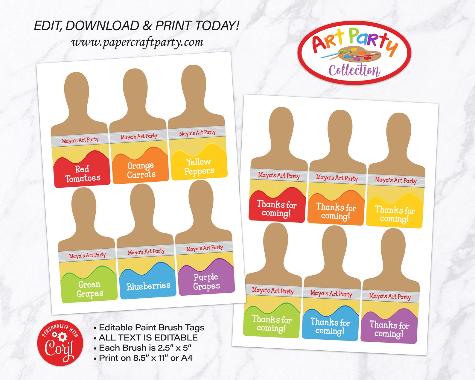 Art Party Printable Paint Brush Gift Tags Name Tags Food | Etsy