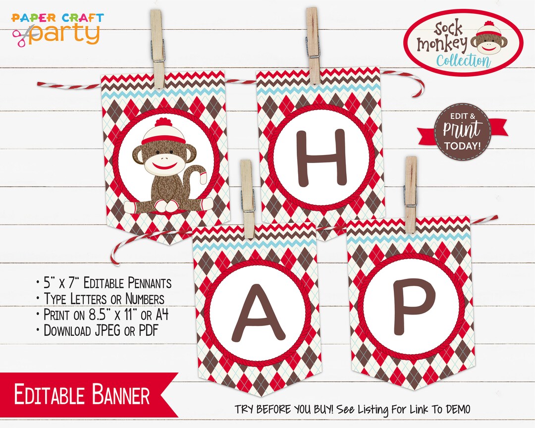 Sock Monkey Printable Birthday Banner, Edit Online + Download Today ...
