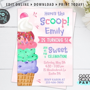 Ice Cream Printable Birthday Party Invitation, Thank You Note ...