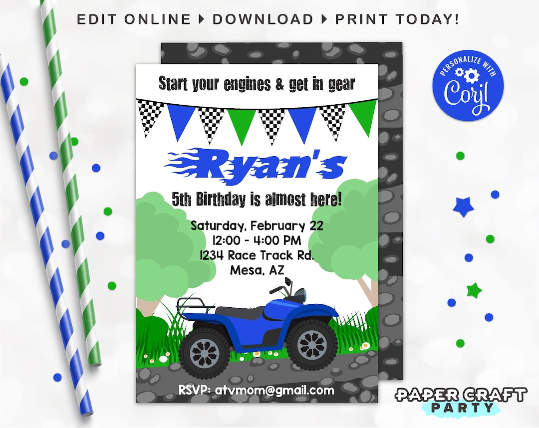 ATV Printable Invitation, Quad 4-wheeler, Thank You Note & Backside ...