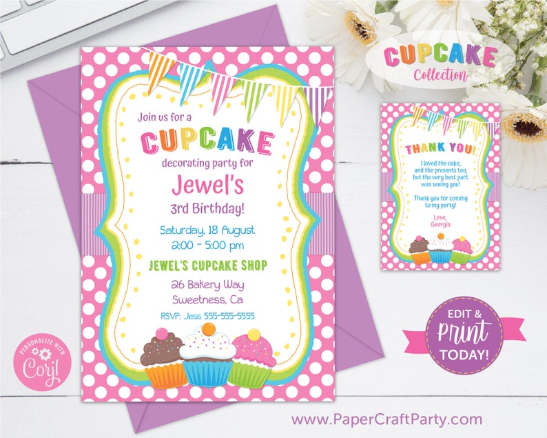 Cupcake Invitation, Printable Cupcake Invite, Baking Party, Sweet Shop ...