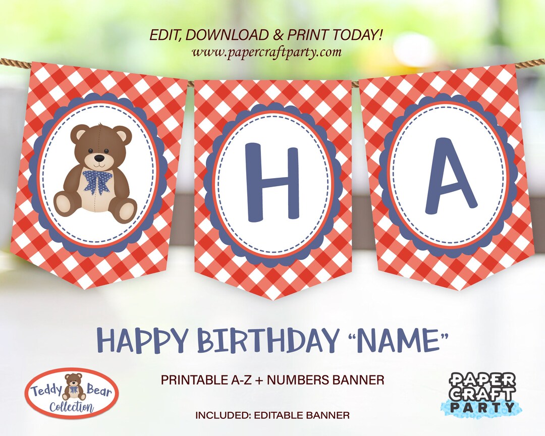Teddy Bear Picnic Banner, Printable Party Birthday Banner in Red & Blue ...