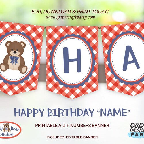 Teddy Bear Picnic Printable Birthday Banner Edit Online - Etsy