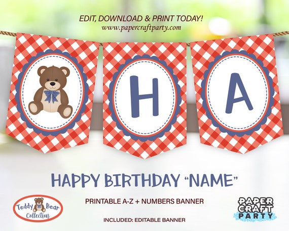 Teddy Bear Picnic Banner, Printable Party Birthday Banner in red & blue ...