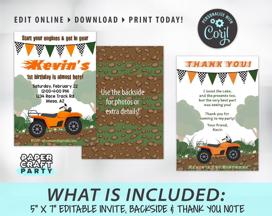ATV Printable Invitation Quad 4-wheeler Thank You Note & - Etsy