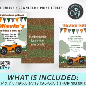 ATV Printable Invitation, Quad 4-wheeler, Thank You Note & Backside ...