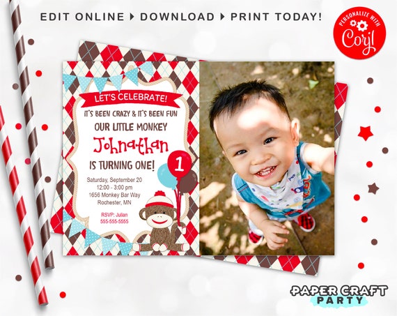Sock Monkey Party Printable Photo Invite and Thank You Note in Argyle, Includes Backside, Edit ...