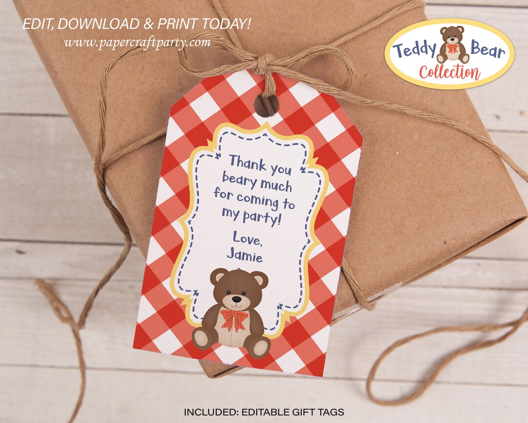 Teddy Bear Picnic Printable Gift Tags, Printable Thank You Tag, Edit ...