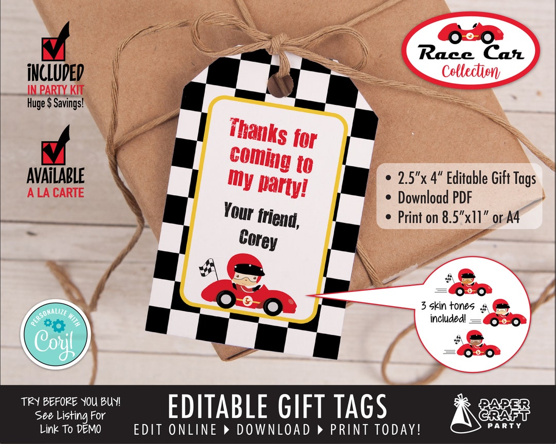 Race Car Printable Gift Tags, Edit Online + Download Today With Free ...
