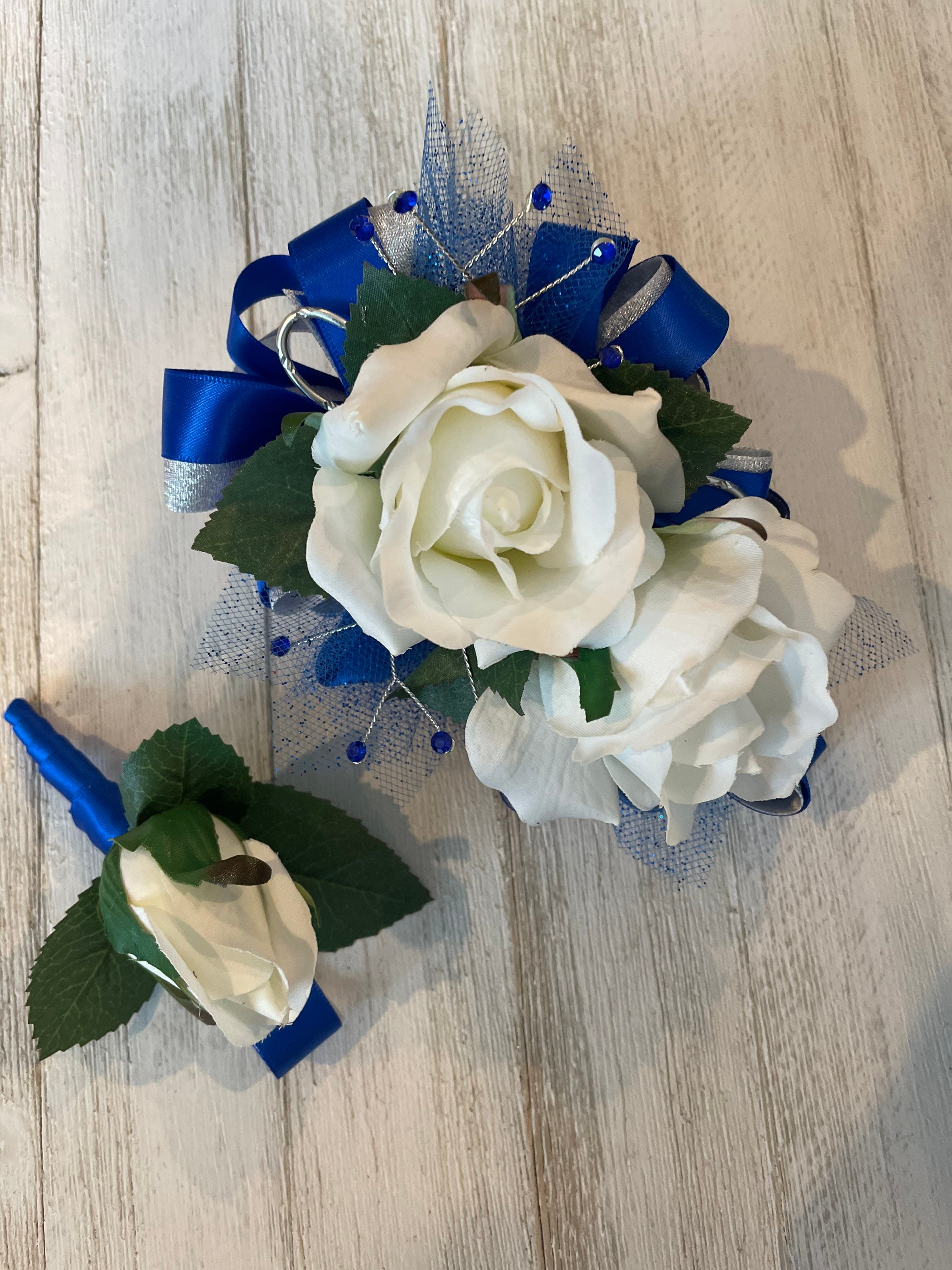 White Rose Corsage With Blue Ribbon