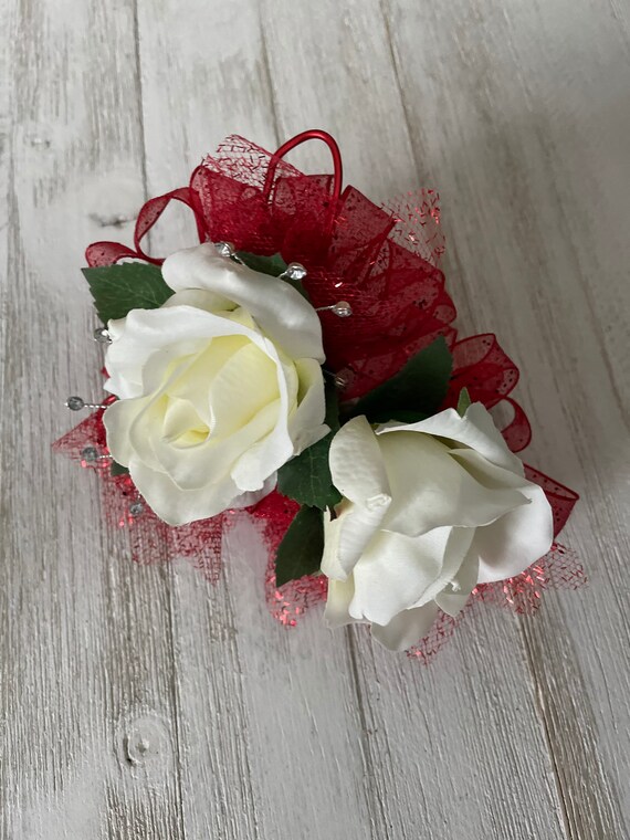 Red and white corsage store