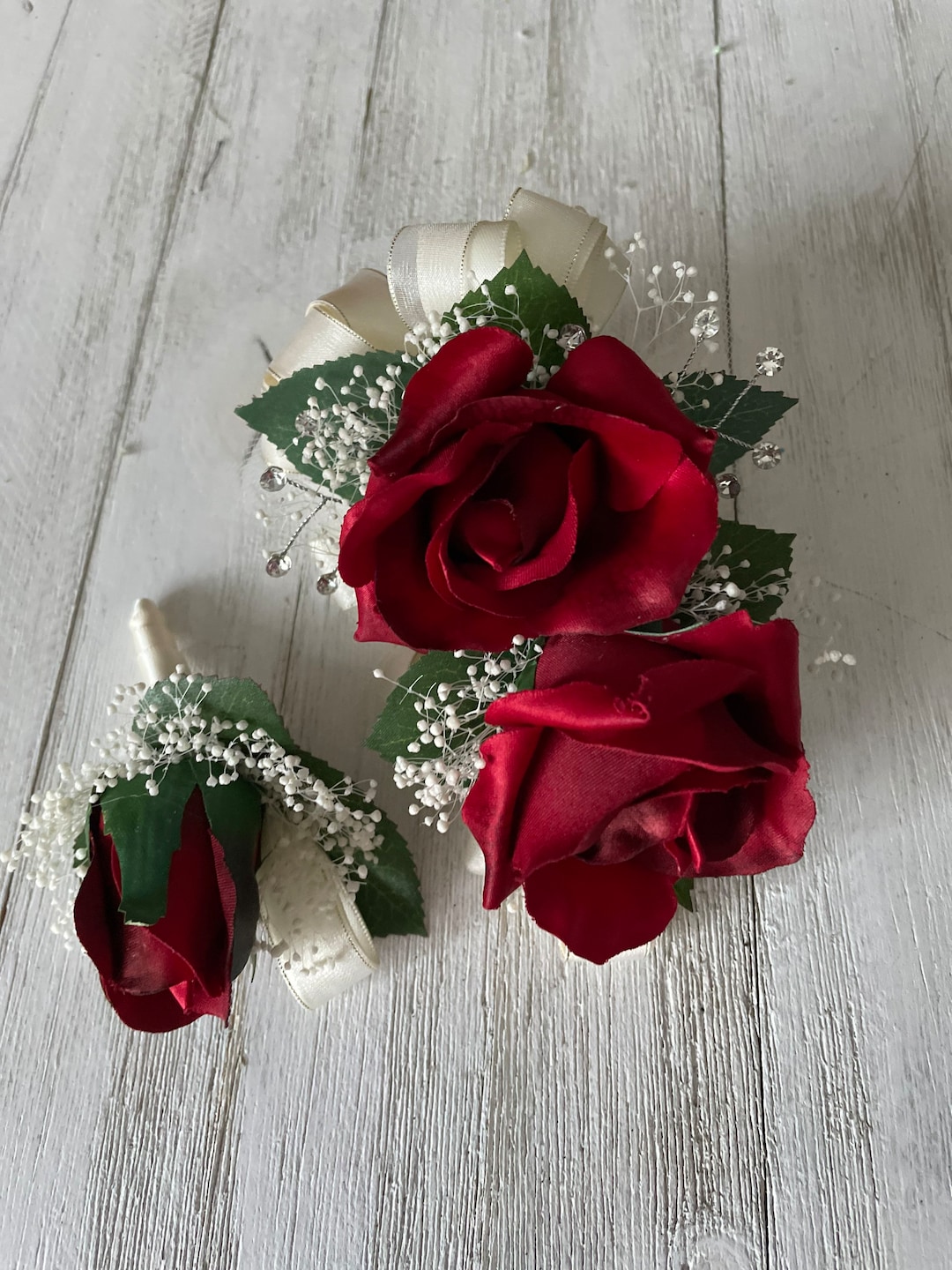 Wrist Corsage Matching Boutonniere in Red Roses With Cream - Etsy