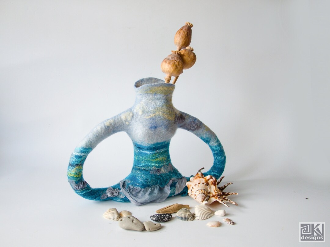 Hand Felted Vase: Merino Wool Woman Torso, Blue Seascape Vessel - Etsy