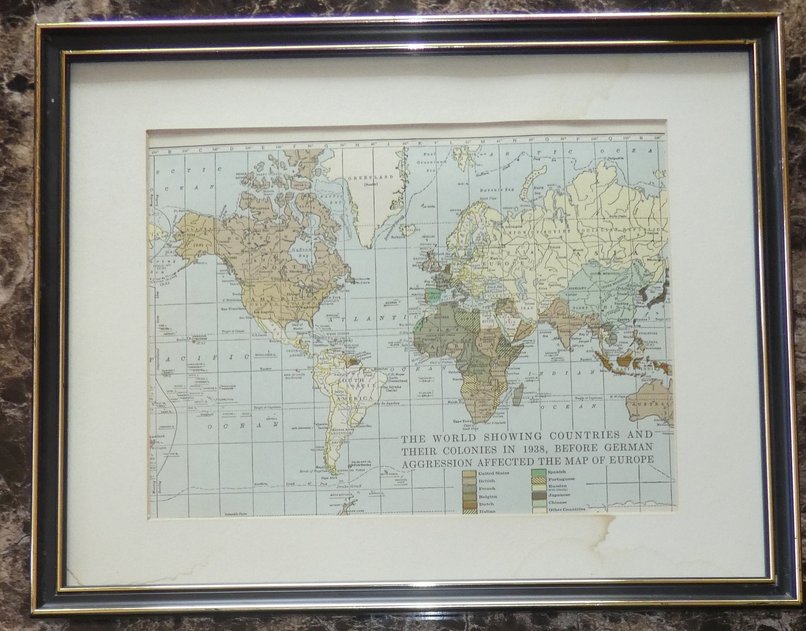 Vintage Print-world Map-1938-black and Gold Frame-1938 - Etsy
