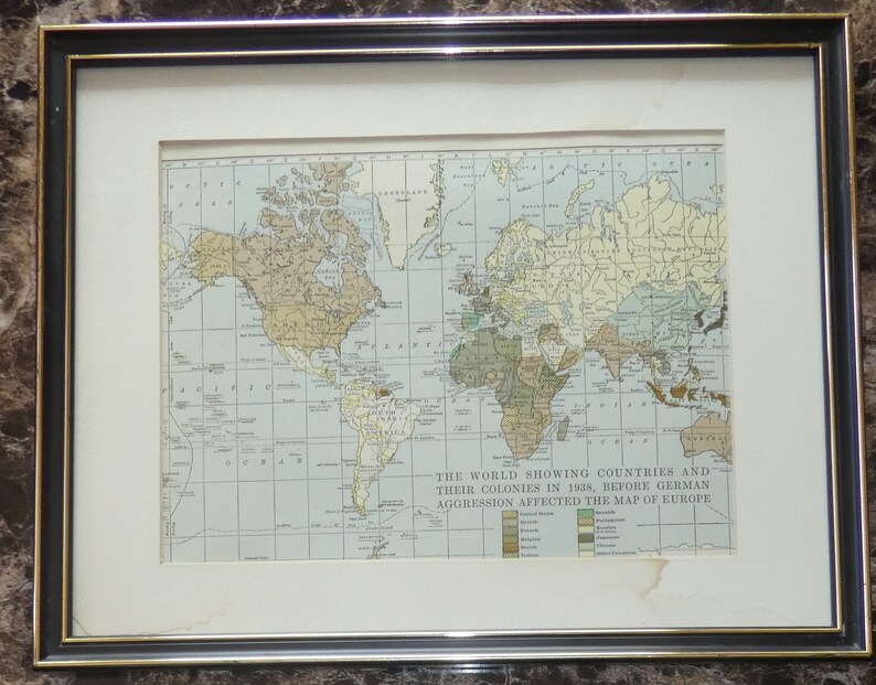Vintage Print-world Map-1938-black and Gold Frame-1938 - Etsy