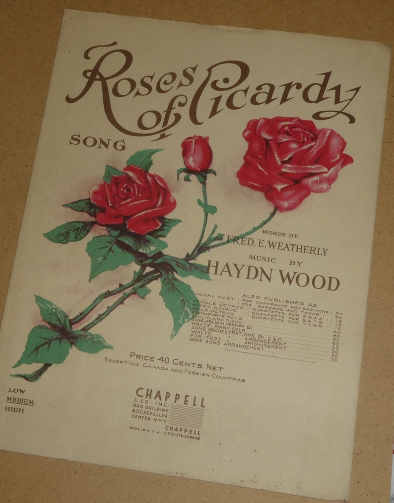 Sheet Music-roses of Picardy-fred E Weatherly Haydn Wood-gift for Her ...
