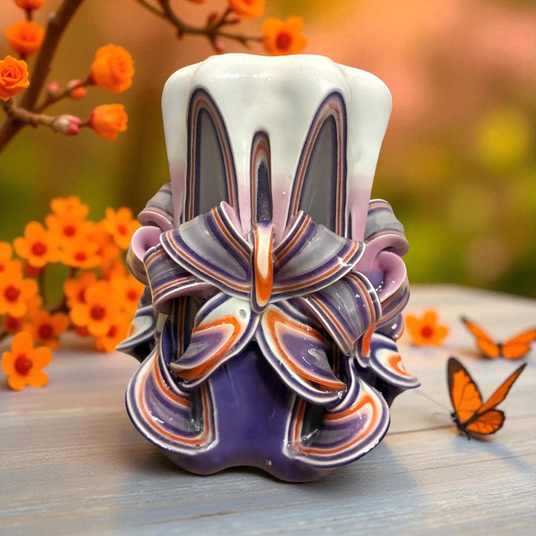 Hand Carved Orange and Purple Single Bow Cut and Curl Candle - Etsy