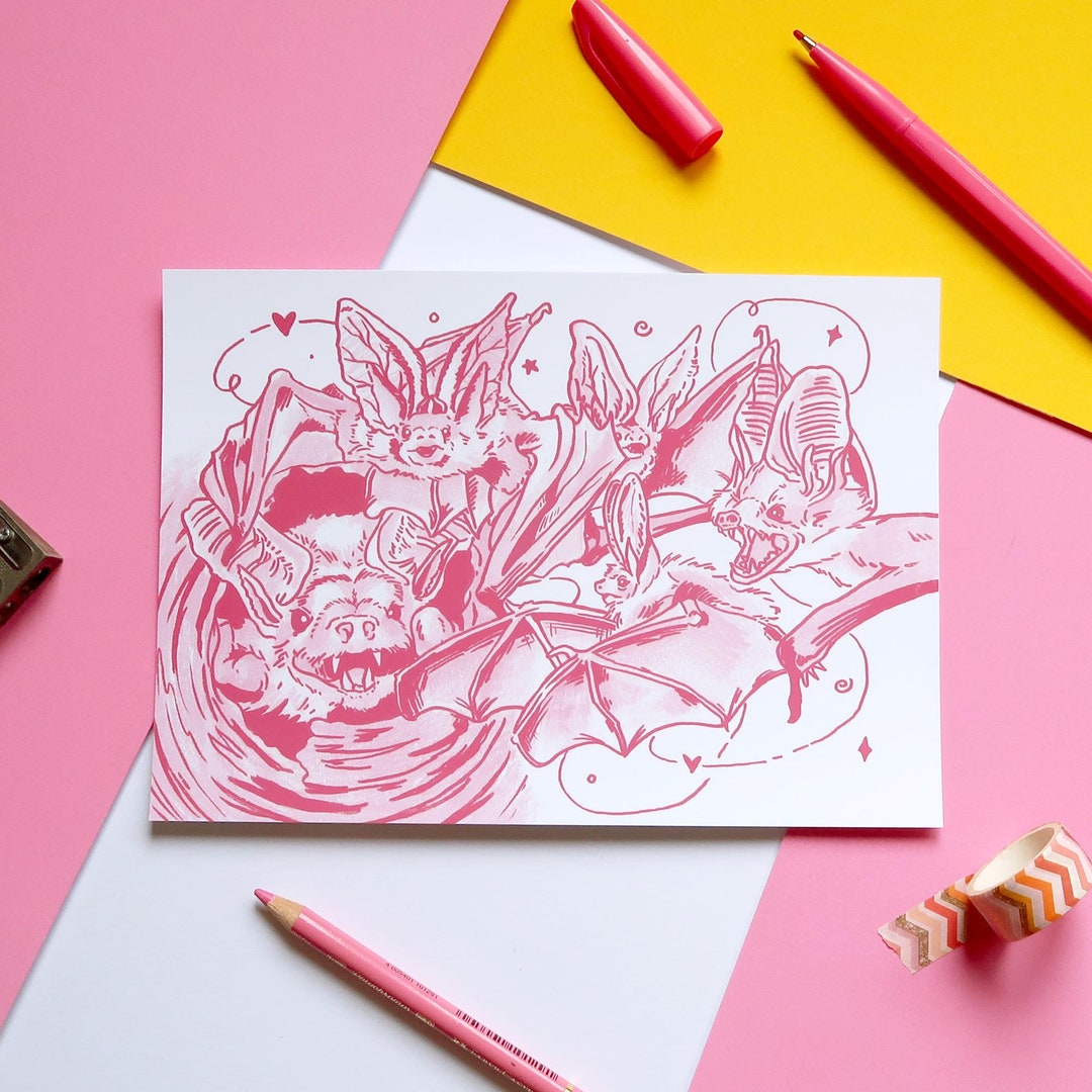 NEW Improved Quality - Pink Bats Art Print | A5 | Cute + Colourful ...