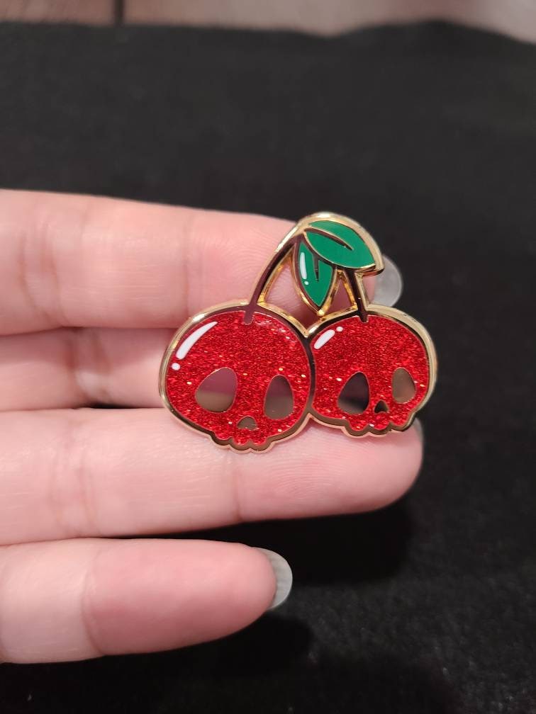 Glitter Kawaii Cherry Skull Pin 1.5 Inch Hard Enamel Pin - Etsy