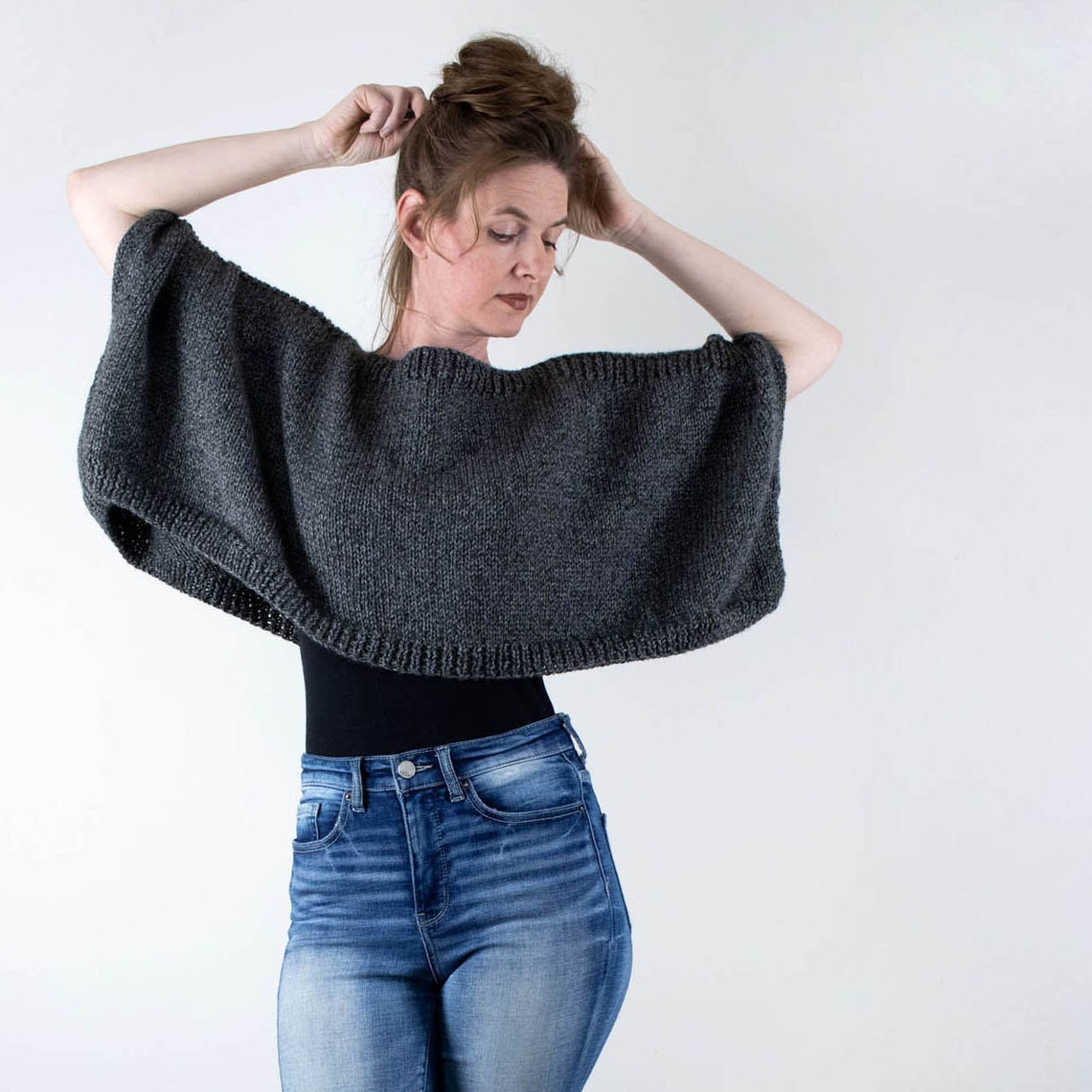 Worsted Rectangle Knitting Poncho Pattern, Easy Black Poncho Sweater ...