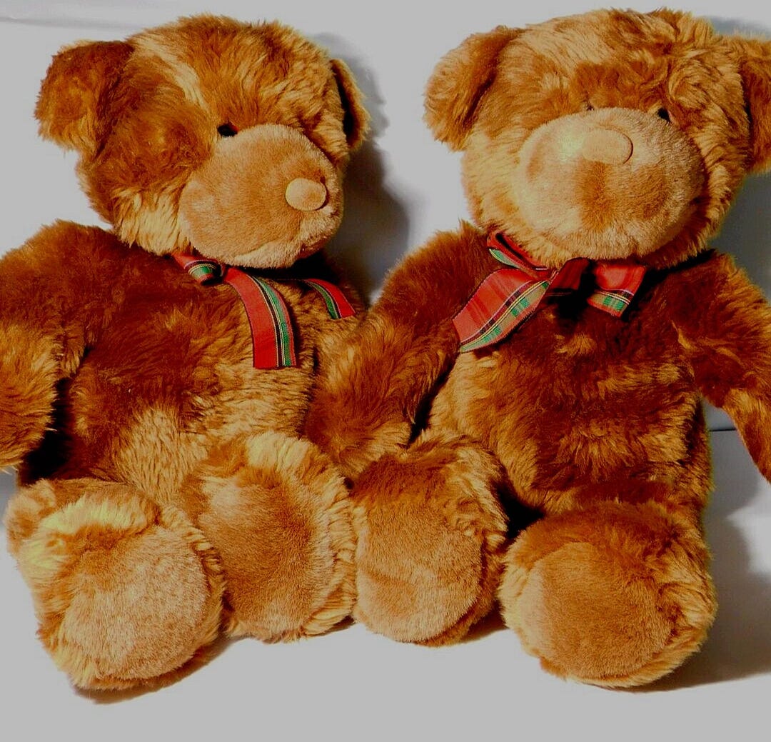 GUND Heads and Tales Plush Pair Teddy Bears Brown Xmas Ribbon 16" SUPER ...