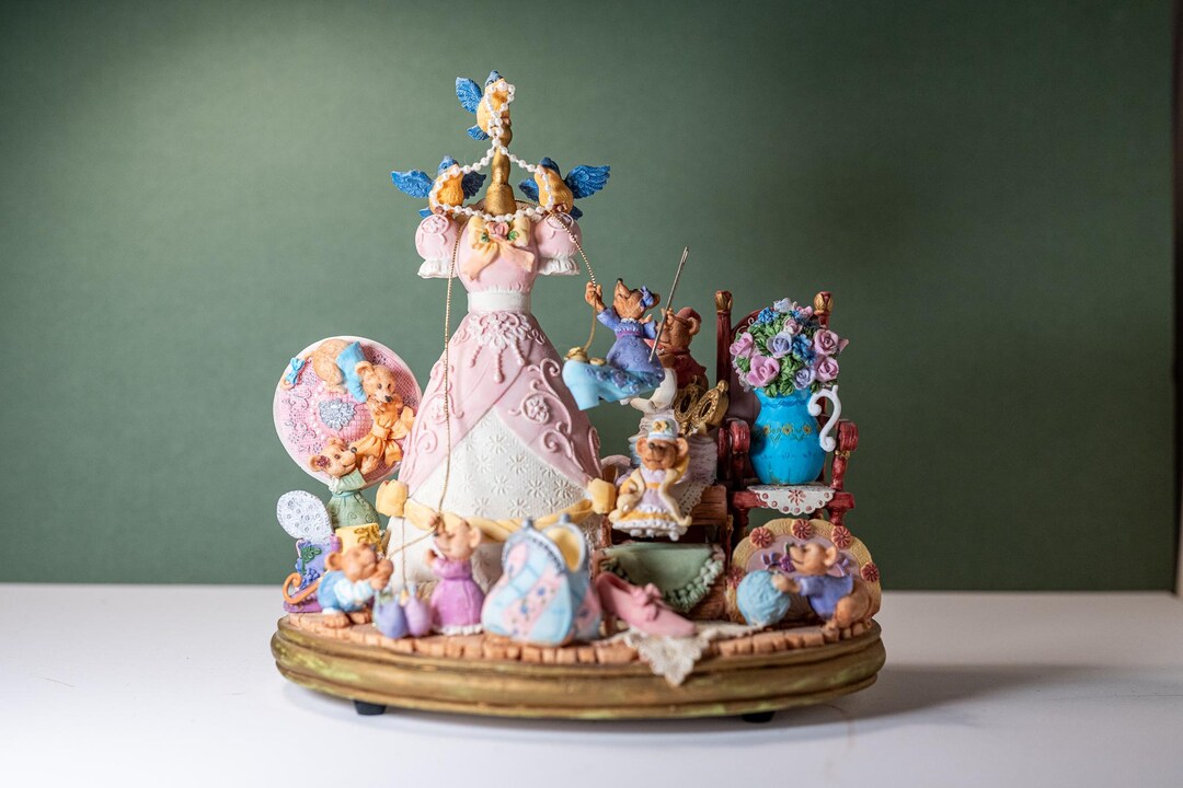 Whimsical Animated Music Box Mice & Birds Sewing a Dress | Handcrafted ...
