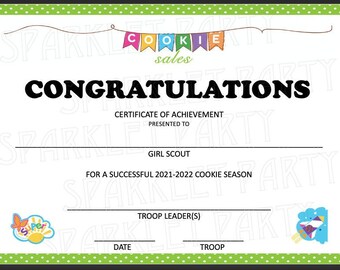 Girl Scout Cookie Sales Award Certificate Printable Cookie | Etsy