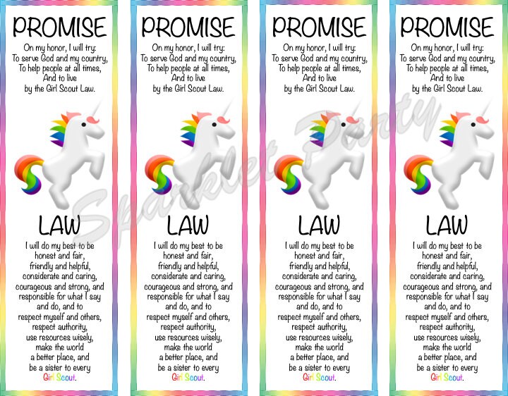 Girl Scout Promise and Law Unicorn Theme Bookmark Printable - Etsy