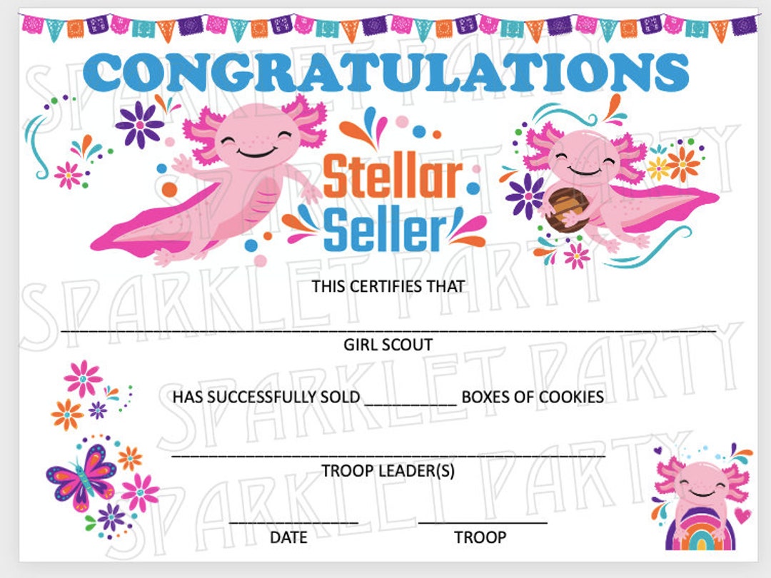 Girl Scout Cookie Sales Award Certificate Printable Cookie Order - Etsy