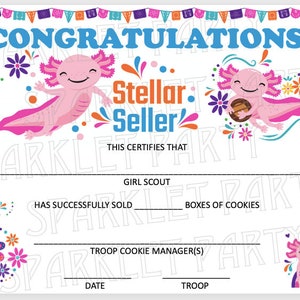 Girl Scout Cookie Sales Award Certificate Printable Cookie Order - Etsy