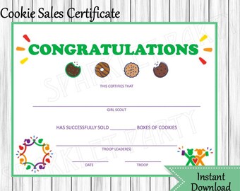 Girl Scout Cookie Sales Award Certificate Printable Cookie | Etsy