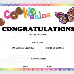 Girl Scout Cookie Sales Award Certificate Printable Cookie - Etsy