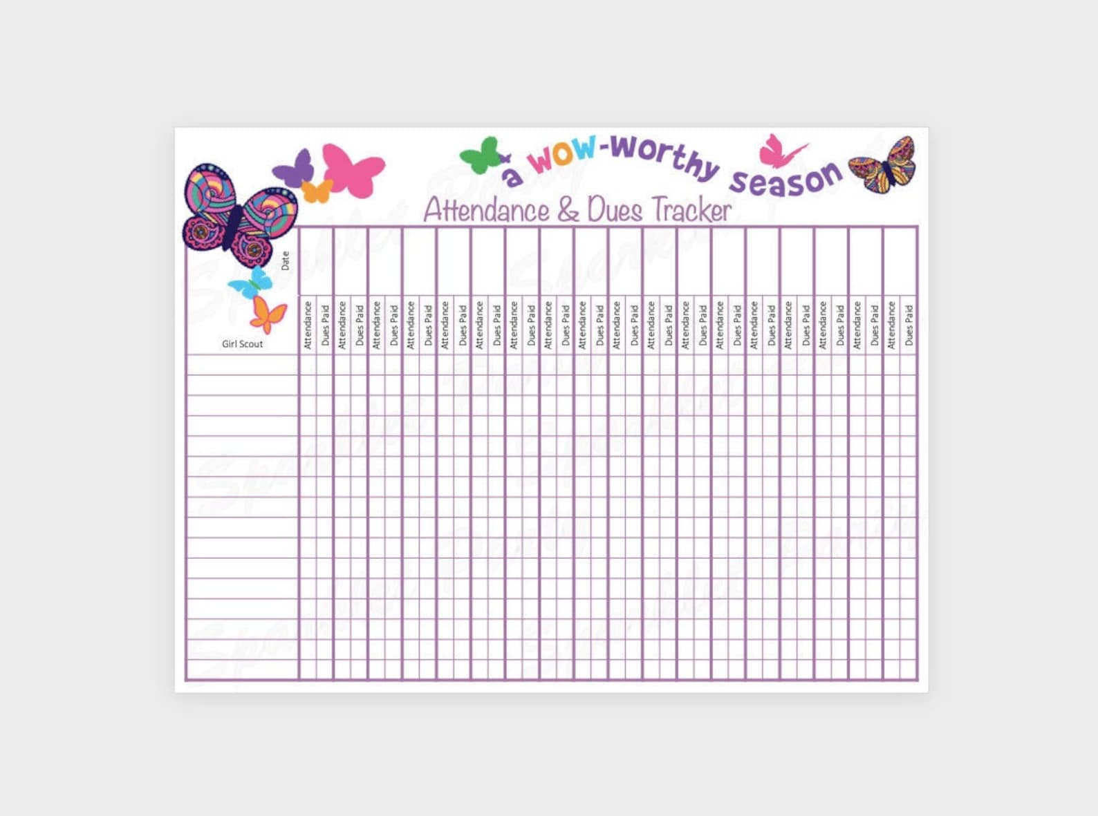 Girl Scout Attendance Sheet With Dues Column Tracker Printable - Etsy