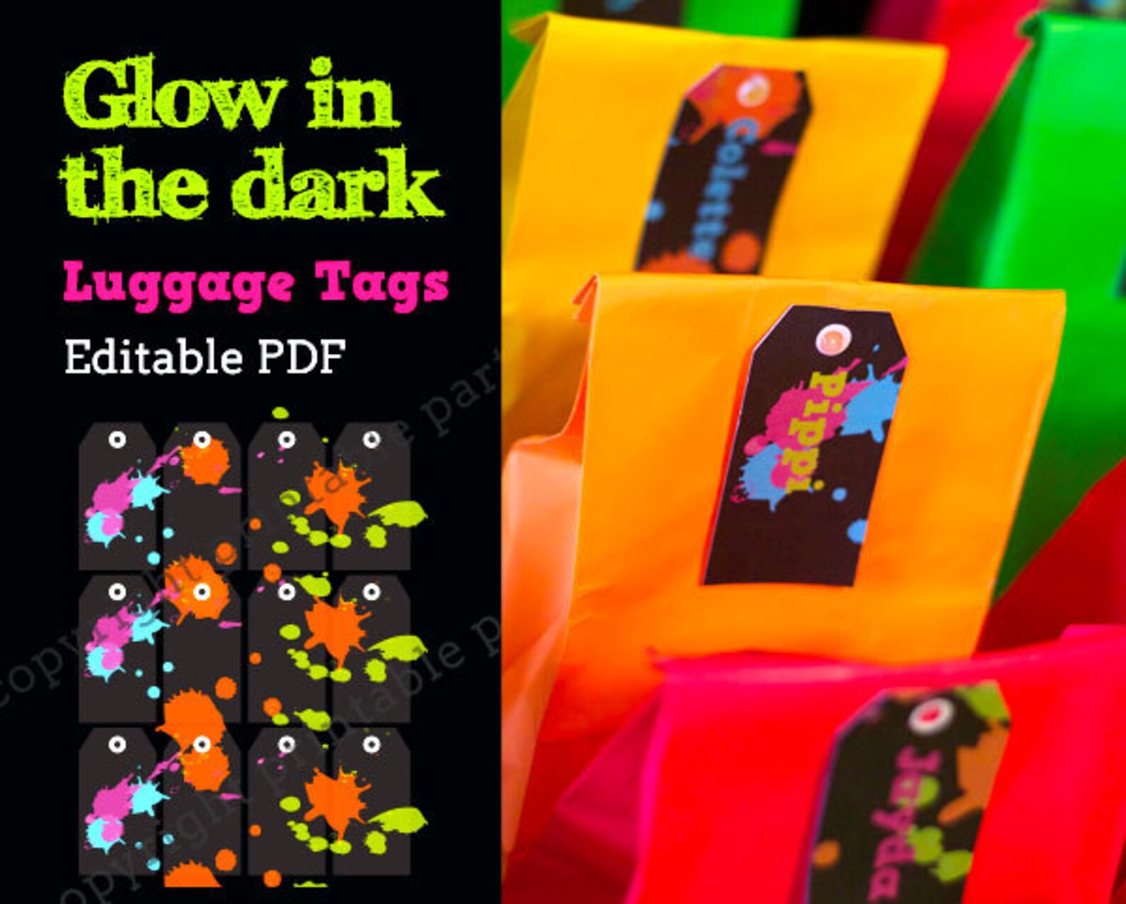 Glow in the Dark Party Neon Color Luggage Tags - Editable PDF - Etsy