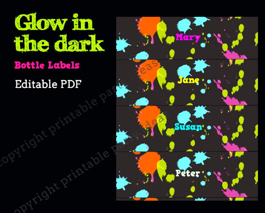 Glow in the Dark Party Bottle Labels: Neon Colors, Editable (instant ...