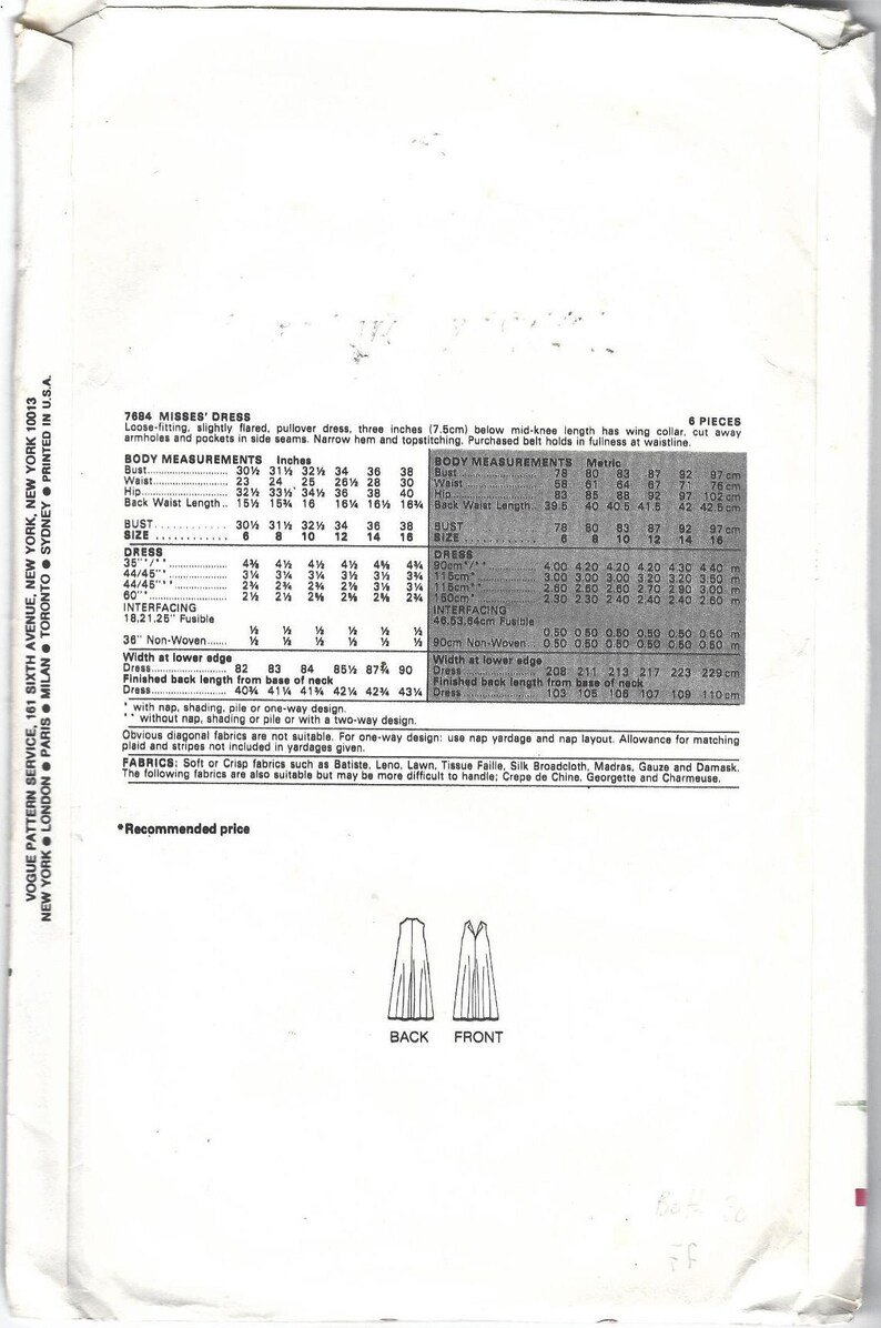 Vogue Sewing Pattern 7684, Vintage Dress, Size 10, Uncut and Factory ...