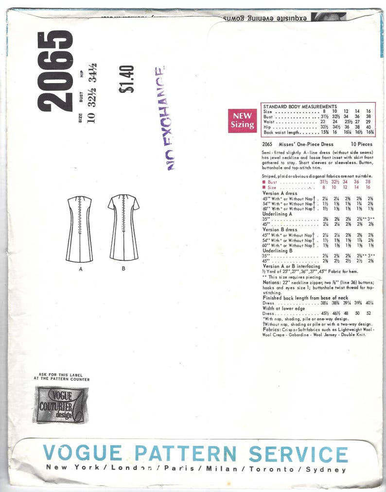 Vogue Couturier Design Sewing Pattern 2065, Alberto Fabiani Vintage ...