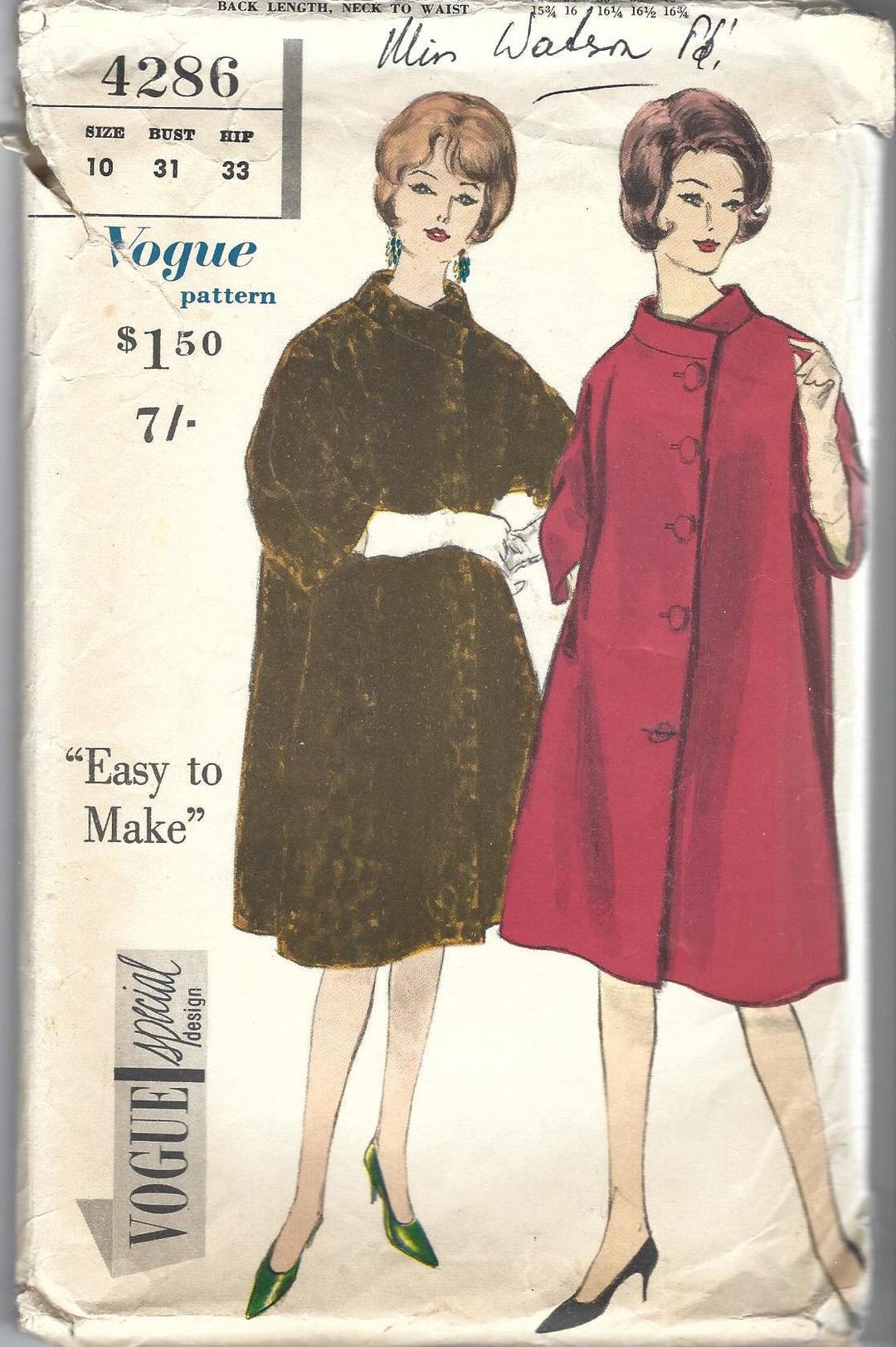 Vogue Special Design 4286 Sewing Pattern; Vintage Coat “easy to Make ...