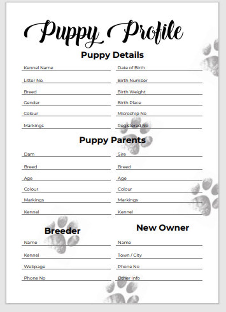 Puppy Profile - Breeder Forms, PDF Document - Etsy