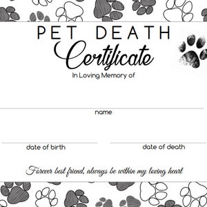 Pet Death Certificate - Paws (instant Download) - Etsy