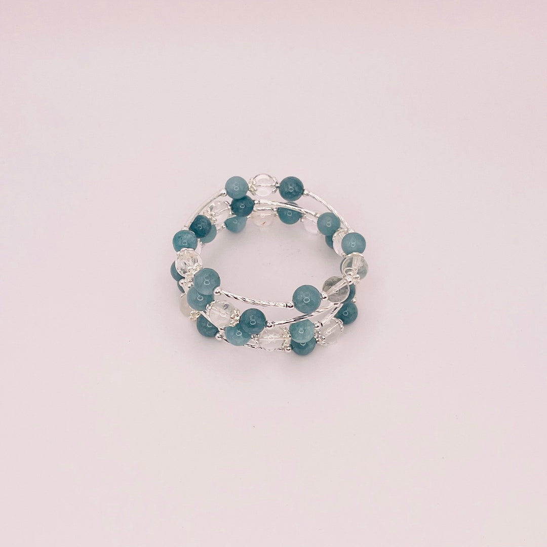 Aquamarine Selenite Stone Memory Wire Bracelet Silver Accents Etsy