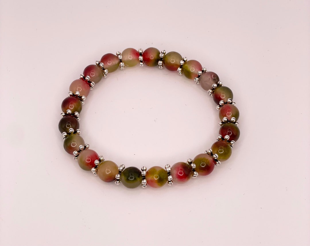 Watermelon Pink and Green Marble Jade Beads With Silver Spacers - 7 ...