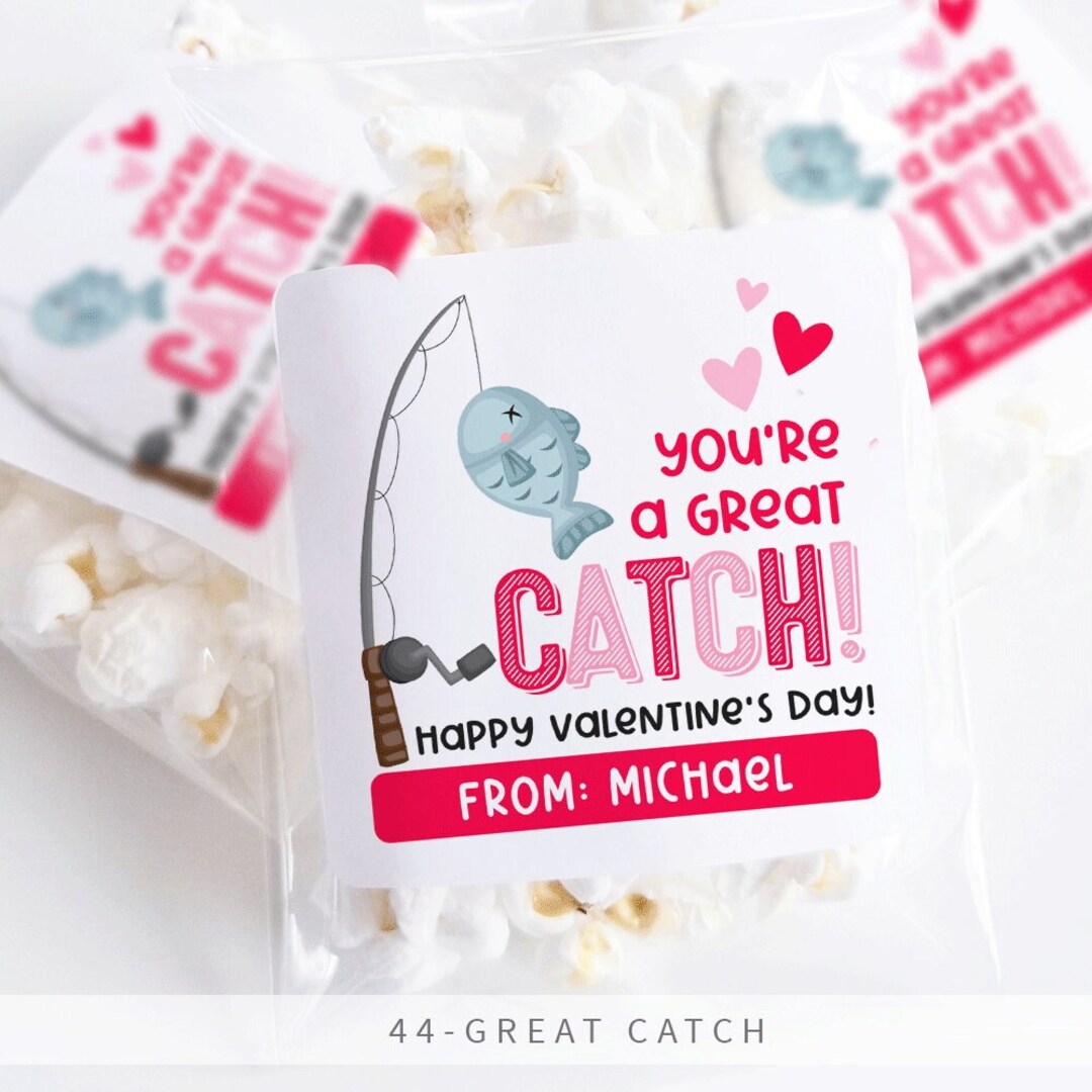 Great Catch Valentine Stickers or Labels, Fish Valentine Exchange Cards ...