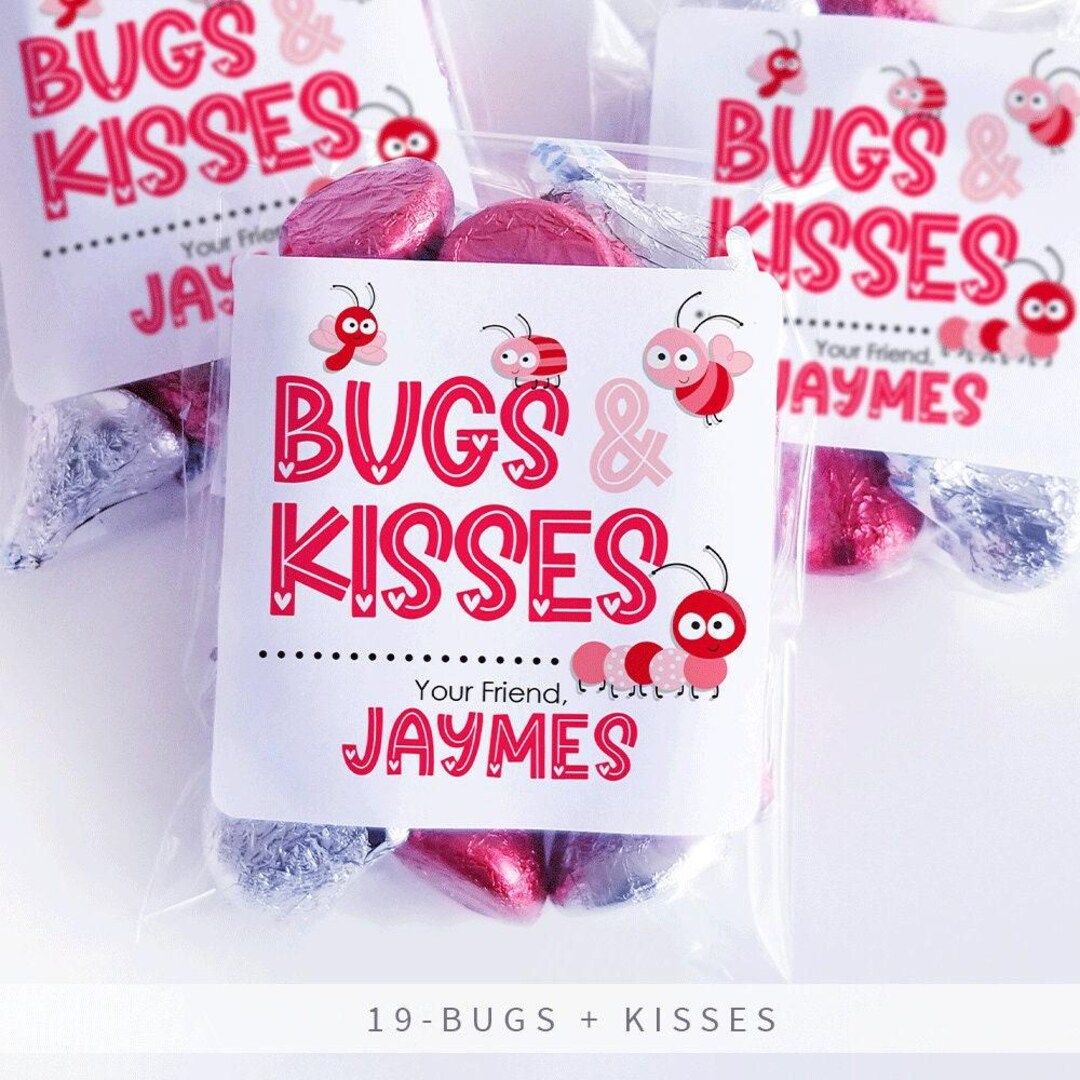 Bugs & Kisses Valentine Stickers or Labels, Love Bug Valentines Tags ...