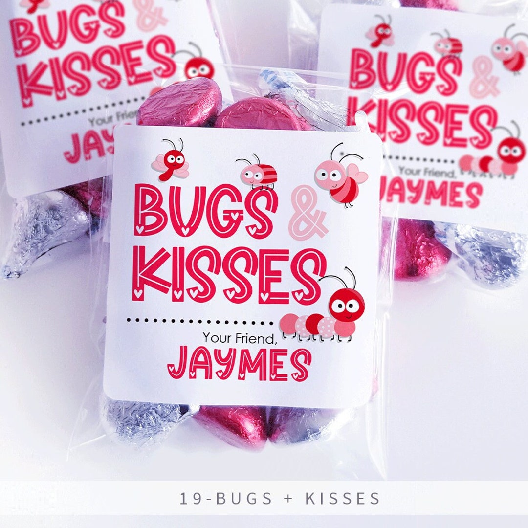 Bugs & Kisses Valentine Stickers or Labels, Love Bug Valentines Tags ...